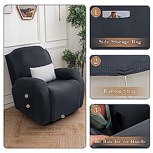 Jin Le Recliner Chair Covers Stretch Recliner Cover(Recliner, Drak Gray) 4 Pieces Recliner Couch Cover for Large Recliner Soft Spandex with Pocket Elastic Bottom and Ties Furniture Protector for Pet