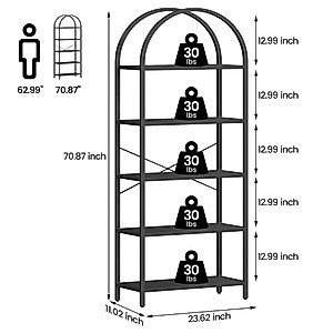 GAOMON Arched Bookshelf 5 Tier Bookcase 70.87in Tall Display Racks Modern Standing Bookshelves Metal Book Shelf for Bedroom, Living Room, Home Office