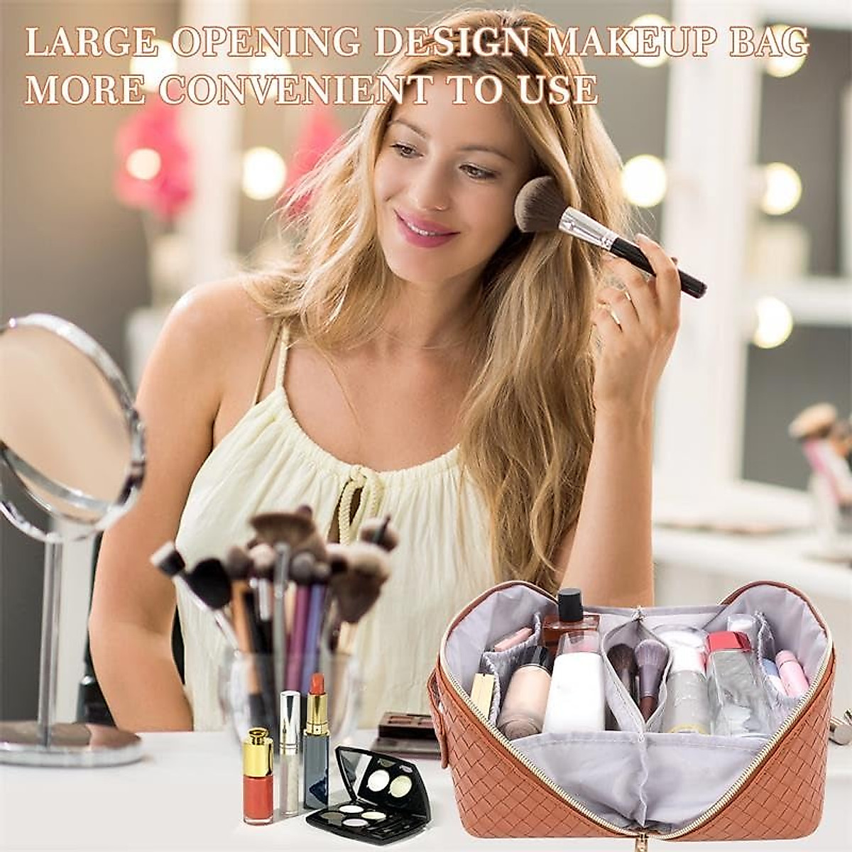 ZAUKNYA Large Capacity Travel Cosmetic Bag - Makeup Bag, Portable Leather Waterproof Women Organizer, with Handle and Divider Flat Lay Bags (Brown)