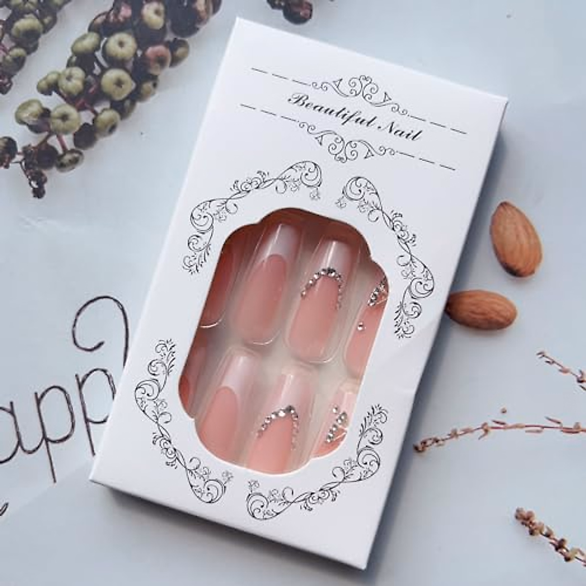 French Tip Press on Nails Long Square Fake Nails 3D Butterfly False Nails White French Tips Square Acrylic Nails Glossy Pink Artificial Nails Full Cover Long Stick on Nails for Women and Girls, 24Pcs