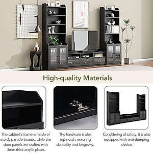 P PURLOVE Entertainment Wall Unit with Tall Cabinets, Modern TV Console Table for TVs Up to 65" with Acrylic Board Door, Multifunctional TV Stand Set for Living Room (Black)