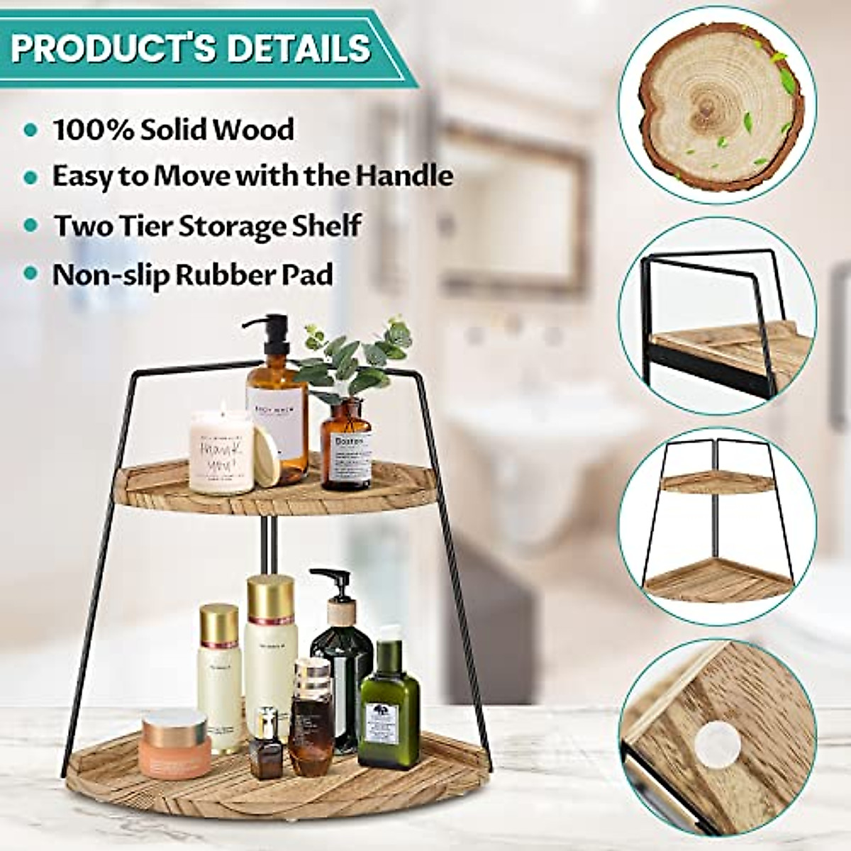 PICKKROSS 2 Tier Bathroom Counter Organizer, Wood Bathroom Organizer Countertop, Corner Storage Shelf Counter Standing Rack, Cosmetic Vanity Tray Kitchen Spice Rack, Bathroom Organizer and Storage