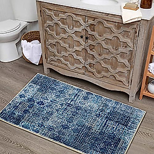 YoKii Navy Blue Geometric Distressed Throw Rug Texture 2x3 Faux Wool Modern Abstract Small Area Rug Fuzzy Kitchen Bathroom Mat Rubber Backed Vintage Diamond Low Pile Indoor Doormat (2x3, Navy Blue)