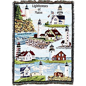 Lighthouses of Maine Blanket - Bass Harbor Cape Elizabeth Halfway Rock Sequin Neddick West Quoddy Portland Pemaquid - Coastal Ocean Gift Tapestry Throw Woven from Cotton - Made in the USA (72x54)
