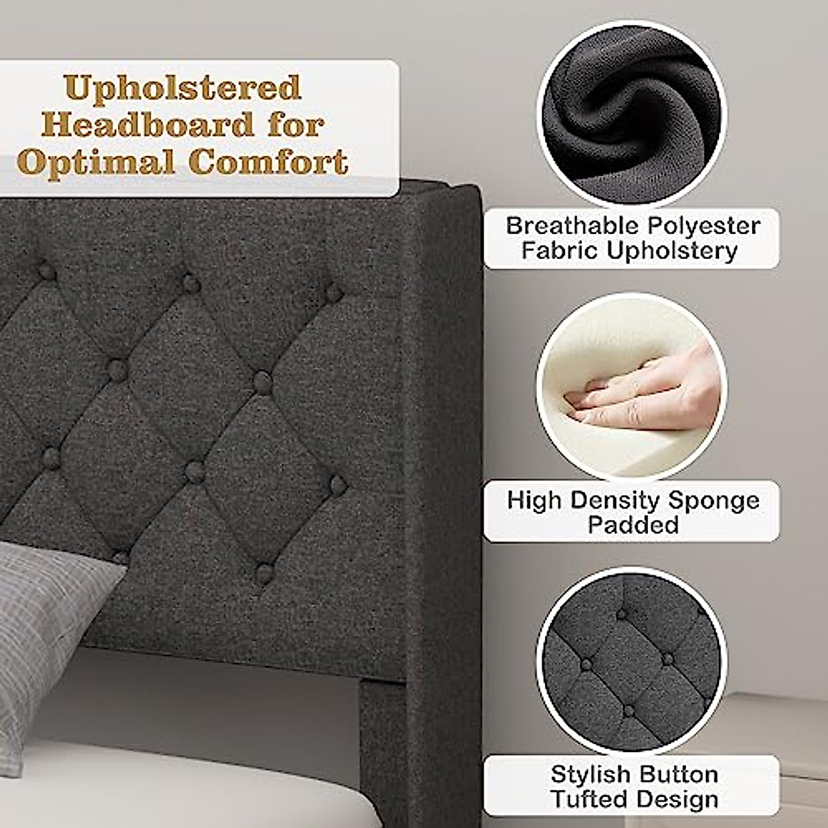 Giantex Twin Bed Frame with Button Tufted Headboard, Modern Fabric Upholstered Platform Bed with Wingback Design, Solid Wooden Slats Support Mattress Foundation, No Box Spring Needed, Grey