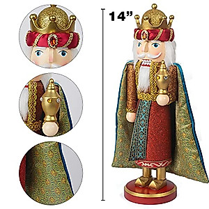 NEROSUN 14 Inch King Wooden Christmas Nutcracker, Traditional Islamic Wooden Nutcracker with Gold Crown Holding a Magic lamp, Festive Muslim Decorations for Shelves and Tables Decor (Red)