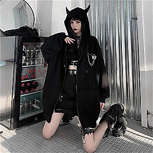 GokeJE Women Oversized Devil Horn hoodie Hooded Y2k Zipper Sweatshirt Casual Loose Long Sleeve Hoodies Pullover Tops Black