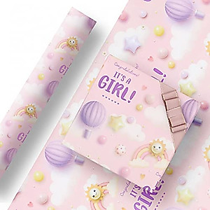 Apol Baby Shower Wrapping Paper,It's a Girl Gift Wrapping Paper Pink New Baby Wrapping Paper 4 Sheet Princess Lovely Paper with Pink Ribbon for Gender Reveal Girl Birthday Wrapping Paper,30x20 Inches