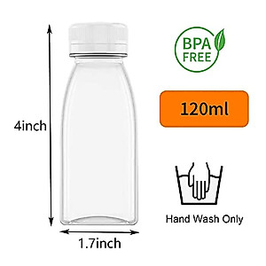 BallHull 4 OZ Plastic Juice Bottles with White lid, Reusable Clear Bulk Beverage Containers for Juice, Milk and Other Homemade Beverages, 6 Pcs.