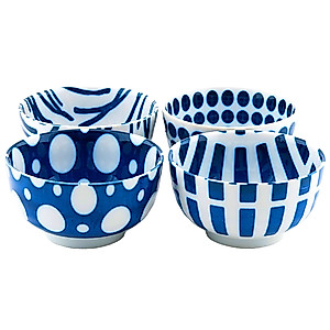 Ceramic Donburi Bowl Set, Miso Soup Bowls with Blue and White Eclectic Floral Designs, Kitchenware Housewarming and Wedding Shower Gifts, 5 Inches