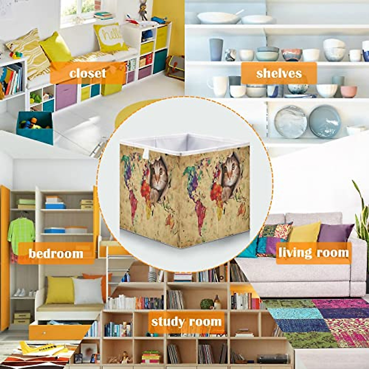 ALAZA Cat Kitten World Map 11 Inch Cube Storage Bin Organizer Foldable Basket for Closet Cabinet Shelf Office