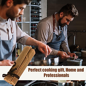 Knife Roll Bag, Portable Chef Knife Bag with 7 Slots Canvas Knives Pouch Knife Roll Case for Home Camping Picnic, Gift for Chefs or Cooking Lovers (Khaki)