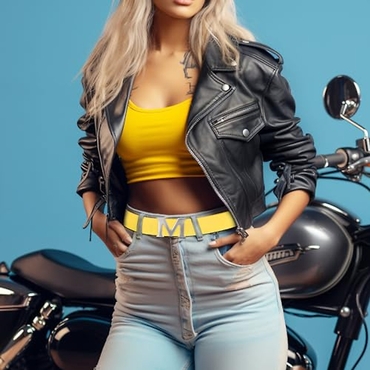 maikun Womens Yellow Belt, Leather Belts Removable Letter M Plate Buckle Waist Belt 1.18" Width, Waist Size 30-34''