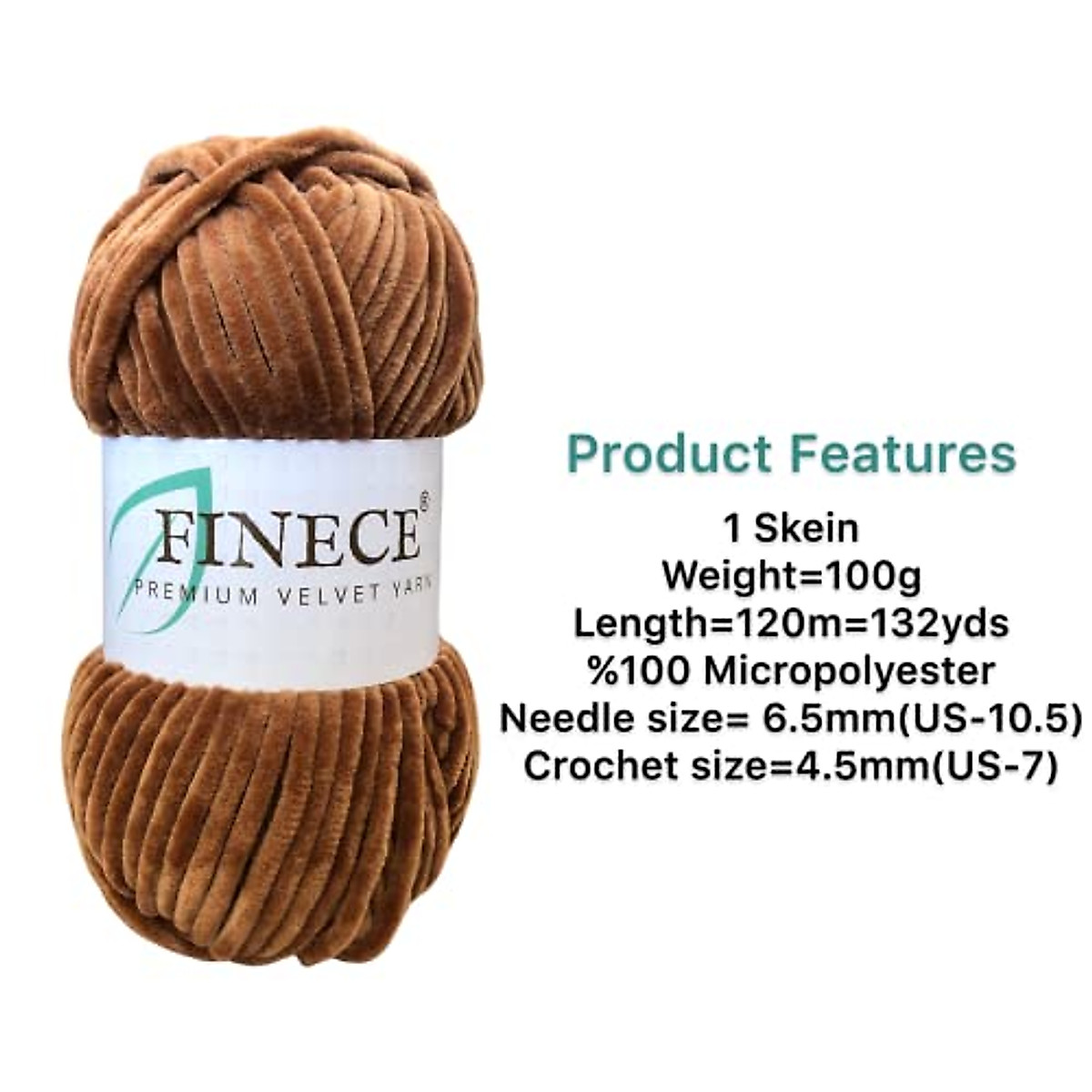 FINECE Soft Velvet Yarn Chenille Yarn for Crocheting Baby Blanket Yarn for Knitting 100 gr (132 yds) Fancy Yarn for Crochet Weaving Craft Amigurumi Yarn (1 Skein, 2050-Brown)