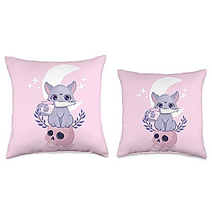 Anime Cat Witch On The Moon Cute Kawaii Witchy Anime Neko Cat Knife Pink Pastel Goth Throw Pillow, 16x16, Multicolor