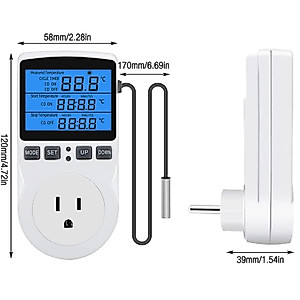 XIEHUZA Backlit Digital Temperature Controller, LCD Screen Heating Cooling Thermostat Outlet Socket with Sensor Timer Regulator for Reptile Incubator Greenhouse Brewing Refrigerator, 110V, 15A, ℉/℃