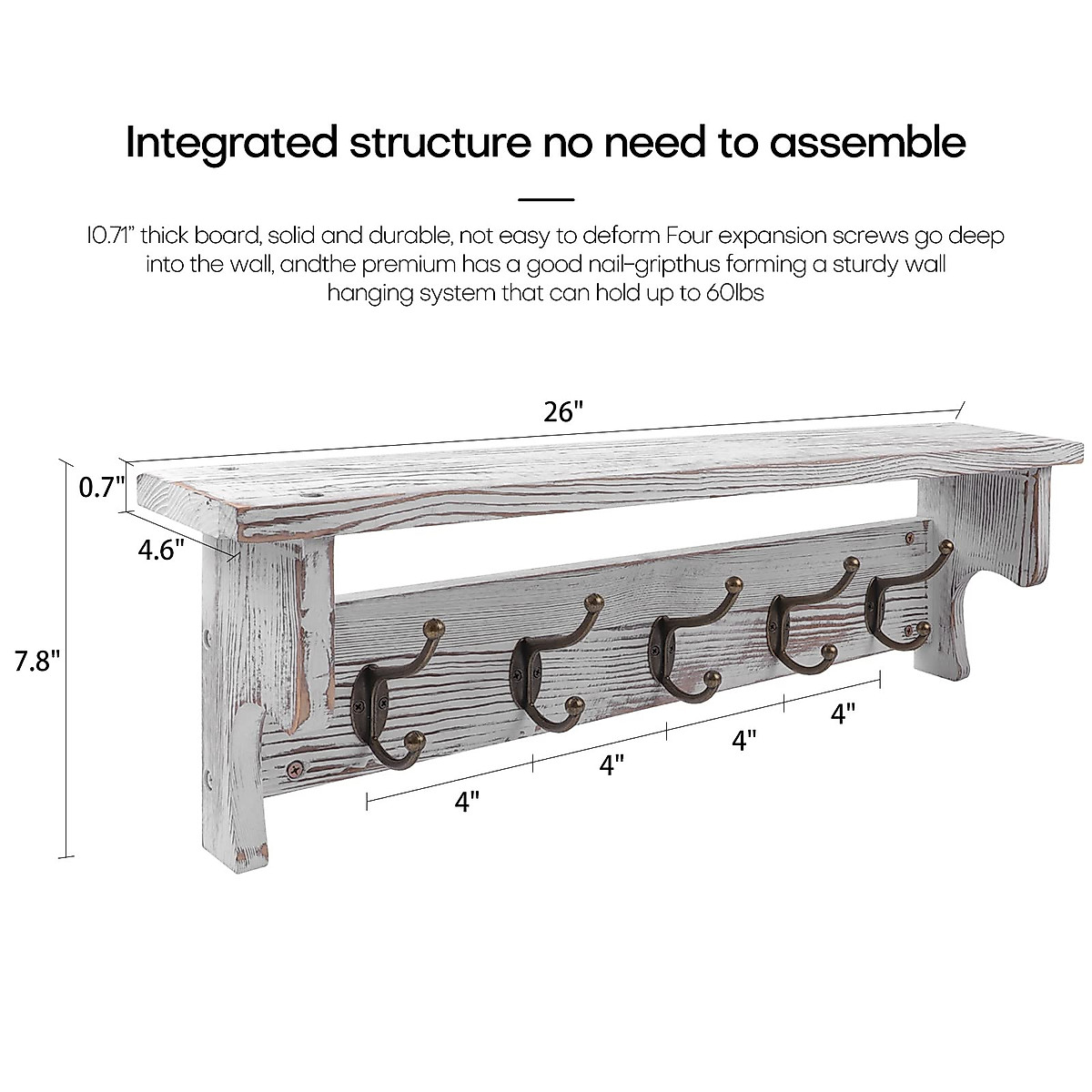 35" Long Coat Rack Wall Mount with Shelf, Rustic Wooden Entryway Shelf with 8 Hanger Hooks, Farmhouse Mounted Pinewood Floating Wall Hook Rack Shelf for Kitchen Bathroom Mudroom Laundry, White