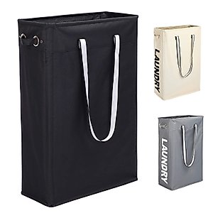 Cloth Clothes Basket, Caroeas 24" Handy Hanging Laundry Basket Tall & Slim Hamper Waterproof Laundry Bag Collapsible Travel Laundry Bag with Breathable Mesh Cover & Soft Handle Laundry Hamper (Black1)