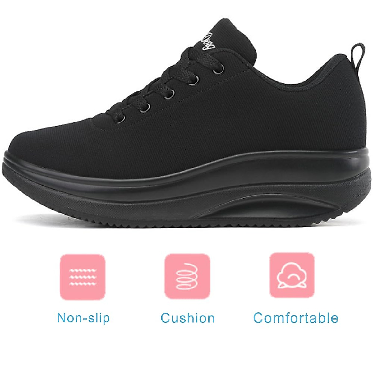 RUIDENG Sneakers for Women Cushion | Women Shoes for Work Whole Day Standing | 2 Inch Rocker Bottom All Black Size 7