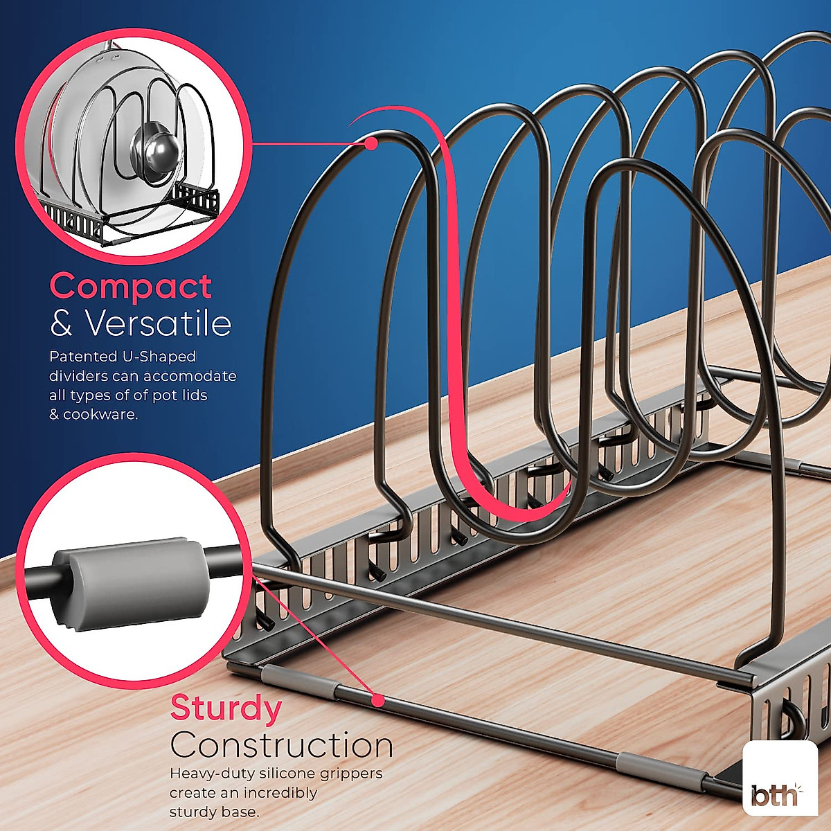 Anti-Scratch Adjustable Compartments by BTH Expandable Pot and Pan Organizer Rack for Cabinet – Heavy Duty Pot Lid Organizer for Kitchen Cabinet Under Sink Drawer Pantry (LARGE 7.5"W (DARK GREY))