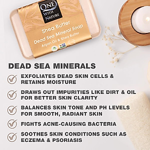 One With Nature Dead Sea Mineral Shea Butter Soap 7oz 3Pack with Argan Oil - Dead Sea Salt Contains Magnesium, Sulfur & 21 Essential Minerals for All Skin Types, Eczema, Psoriasis, Acne, 100% Natural