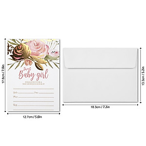 All Ewired Up 50 Baby Shower Invitations, Real Gold Foil Pink Blush Sweet Baby Girl Shower Invites and Envelopes (Large Size 5x7) Floral Roses Greenery Stunning Design