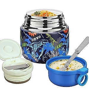 Healthlif 10oz Kids Soup Thermos for Hot Food Insulated Food Jar,Ceramic Coating Thermos Hot Food Lunch Container, Width Mouth Stainless Steel Lunch Box with Spoon(Blue Dino)