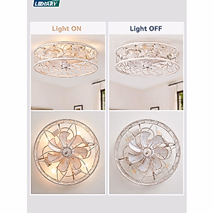 LEDIARY Caged Ceiling Fans with Lights, White Flush Mount Ceiling Fan with Remote, Small Low Profile Bladeless Ceiling Fan Light Fixture for Bedroom, Kitchen, Dining Room-White Gold Color