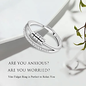 Vito Sterling Silver Fidget Anxiety Ring, Unisex Adjustable Open Band Ring With Rotatable Beads, 2 Layers Expandable Spinner Ring Jewelry Gift