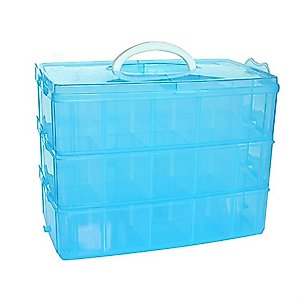 DJUNXYAN 3-Tier 30 Sections Transparent Stackable Adjustable Compartment Slot Plastic Craft Storage Box Organizer For Toy Desktop Jewelry Accessory Drawer Or Kitchen 4 Colors 3 Sizes(Extra Large Blue)