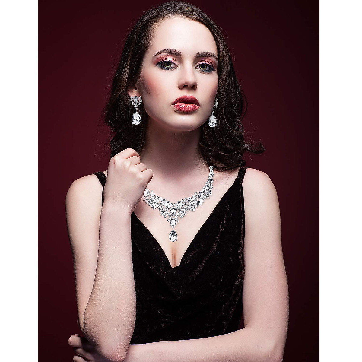 Hicarer Bridal Teardrop Cluster Crystal Jewelry Set for Women Necklace Earrings Wedding (Silver)