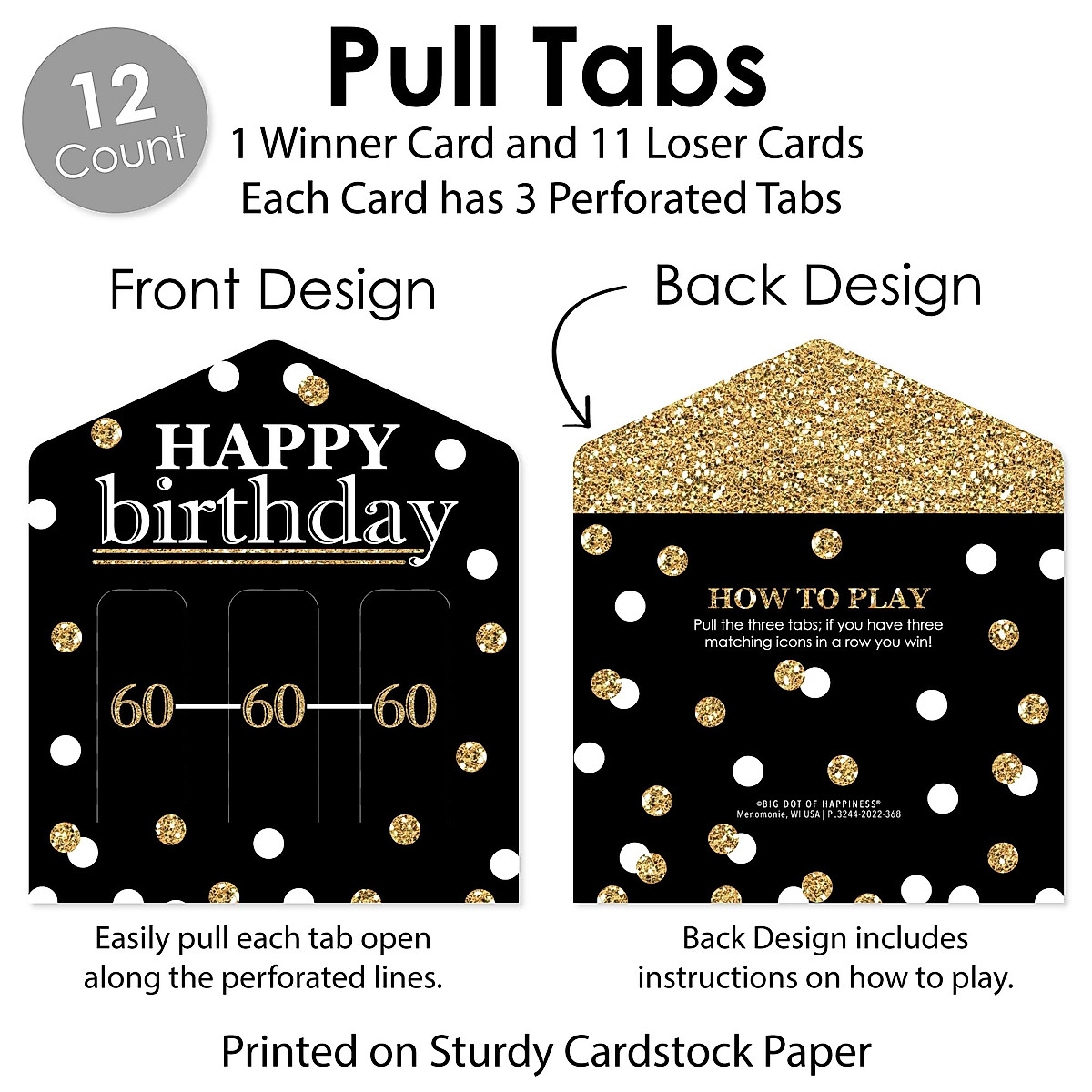 Big Dot of Happiness Adult 60th Birthday - Gold - Birthday Party Game Pickle Cards - Pull Tabs 3-in-a-Row - Set of 12