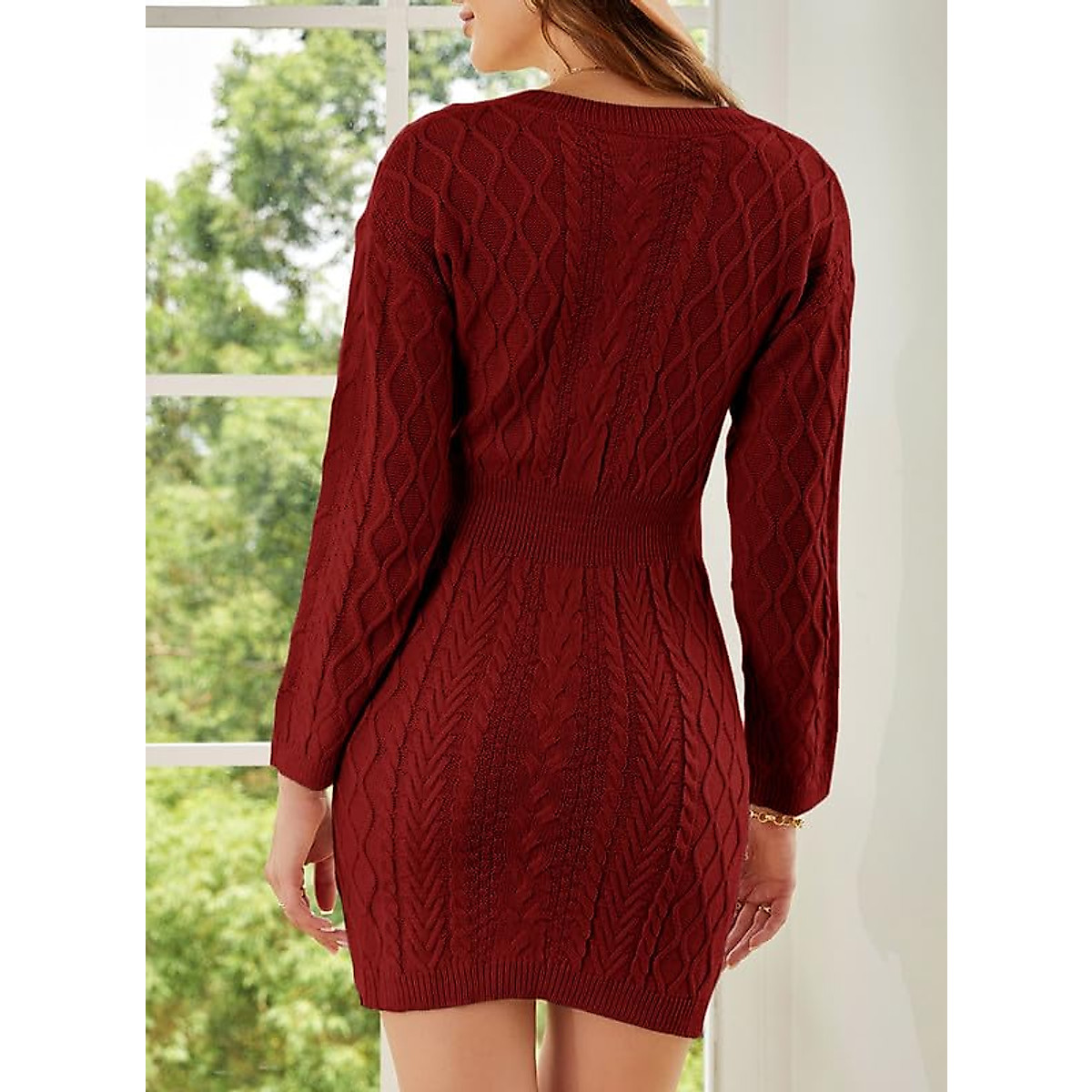 Dokotoo Women Casual Knit Mini Sweater Dresses Long Sleeve V Neck Bodycon Solid Color Cable Knit Chunky Pullover Red Jumper Tops Small