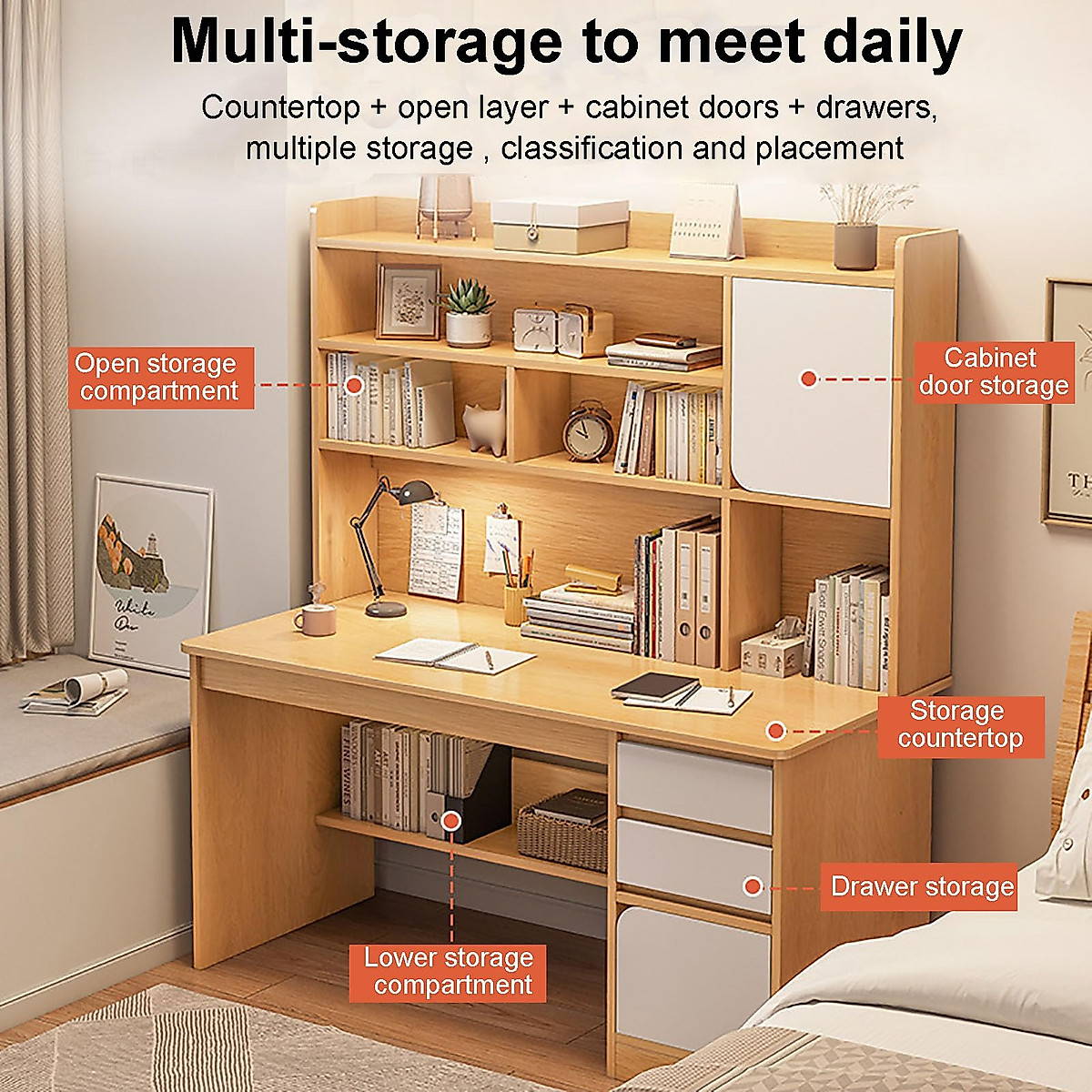 Modern Desk with Storage Drawers,Wood Computer Desk with Shelves,Sturdy Writing Desk Table with Bookshelf, Home Office Desk with Drawers for Study/Workstation(120x45x164cm(47x18x64in), B)