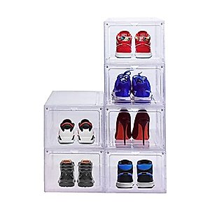 JECCICHY 6 Pack Shoe Organizer for Closet, Shoe Storage Container with Lids, Shoe Box Clear Plastic Stackable, Thick Hard Polypropylene, Drop Front Door, Within US Size 12, Large (Outside Size: 13.54”x 10.63”x 7.48”) (clear)
