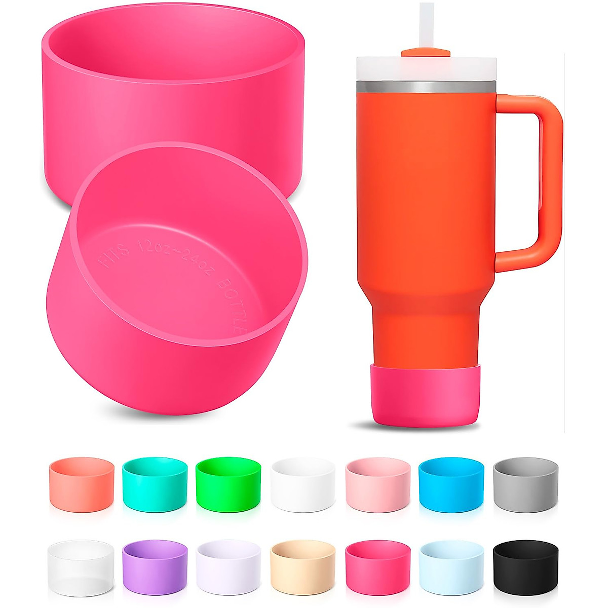 KTKUDY 2Pcs Protective Silicone Boot for Stanley Quencher Tumbler 30 oz 40 oz & IceFlow 20oz 30oz & Hydro Flask Water Bottle 12-24oz - Cup Bottom Sleeve - Stanley Cup Accessories, Rose red