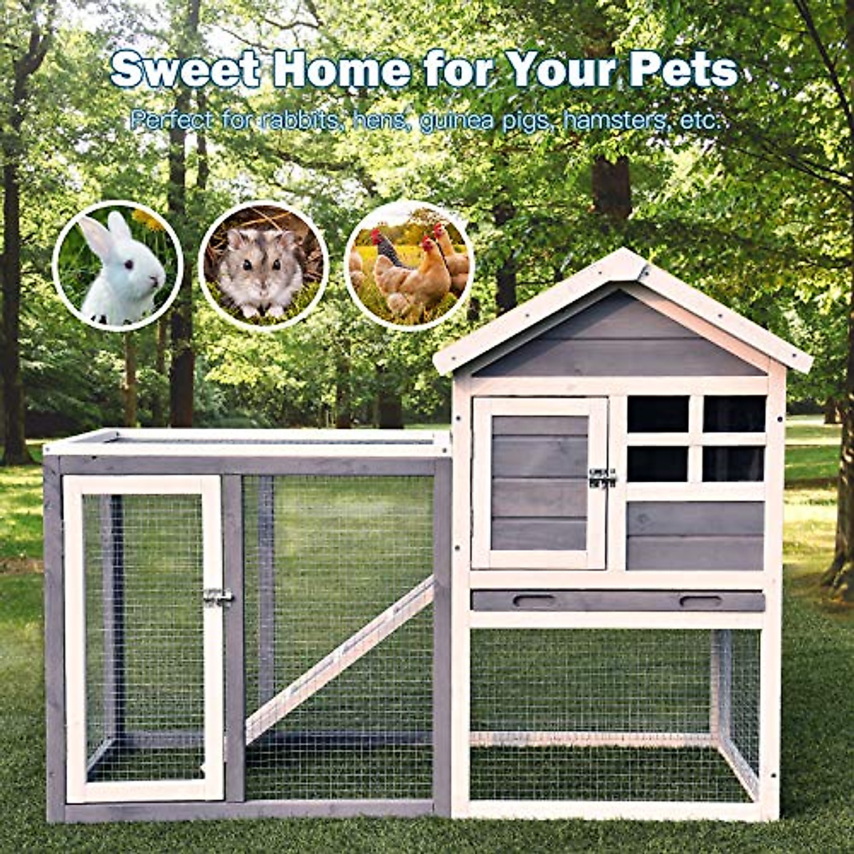 Tangkula Rabbit Hutch, Indoor Outdoor Bunny Cage with Run, Wooden Rabbit Cage with Waterproof Roof & Pull Out Tray, Chicken Coop Pet House for Rabbits, Chicken and Guinea Pigs (Gray)