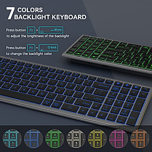 VIVEFOX Bluetooth Wireless Backlit Keyboard for 3 Device, Rechargeable Keyboard QWERTY Cordless Ultra-Thin Silent Keyboard for PC, Laptop, Tablet, MacBook, iPad, iMac, Smartphone, Space Gray