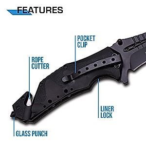 MTech USA – Spring Assisted Folding Knife – Black Stainless Steel Blade and Black Aluminum Handle with Rope Cutter, Glass Punch and Pocket Clip - Hunting, Camping, Survival, Tactical, EDC – MT-A845BK