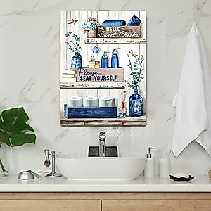 Bathroom Decor Wall Art Dragonfly Wall Art Blue Bathroom Sign Rustic Farmhouse Bathroom Canvas Prints Signs Wood Background Bathroom Pictures Artwork Framed Bath Laundry Home Decorations12 x16