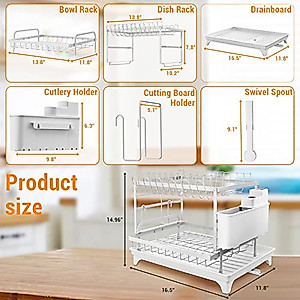 kenvc Dish Drying Rack,Large Dish Drying Rack，Dish Drainers for Kitchen Counter,Board Holder, 6 Cup Holder，Removable Large Capacity Dish Drainer, Rust-Proof Dish Drainer, White
