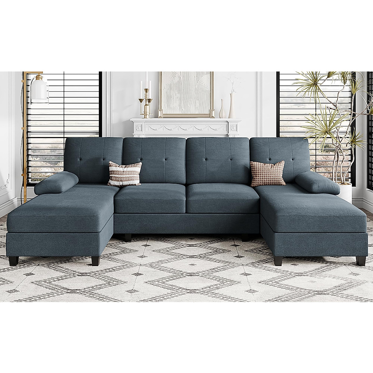 Shintenchi Sectional Couches for Living Room, U Shaped Sofa Couch with Double Chaise, 4-Seat Living Room Furniture Sets with Soft Cushion & Linen Fabric, Dark Grey