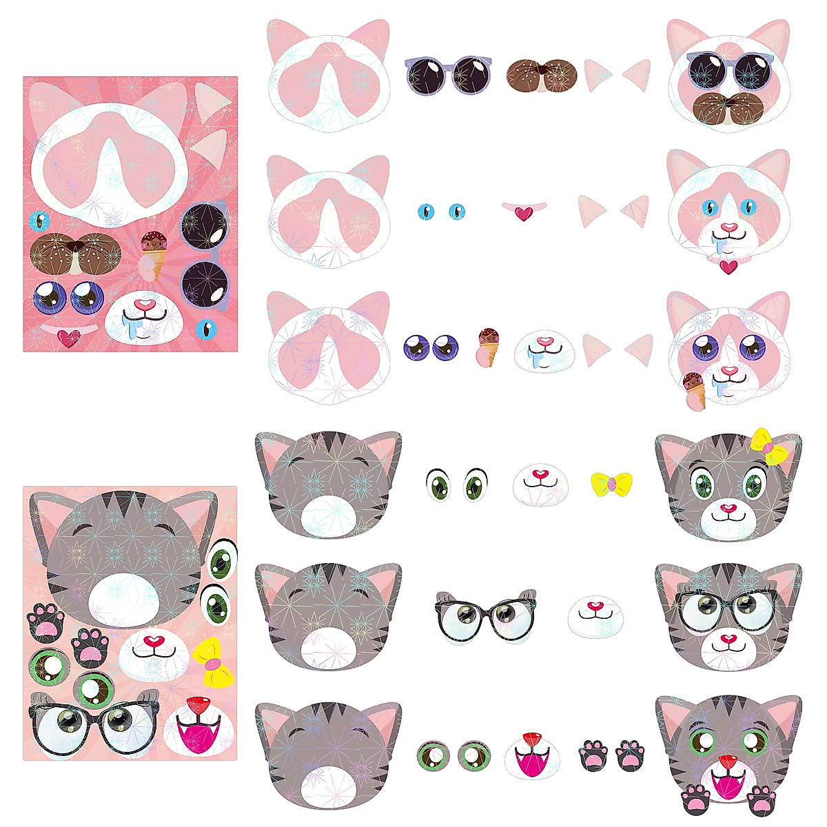 HubirdSall 45Pcs Cats Make-a-Face Stickers Make You Own Cats Holographic Stickers Games School Activity Reward for Kids Teacher Art Craft Birthday Gift Party Favors Room Decor Sticker for Children