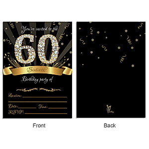 JT Studios 60th Birthday Party Invitations 5x7 Black & Gold Cards with Envelopes and Gold Metallic Pen (Pack of 25)