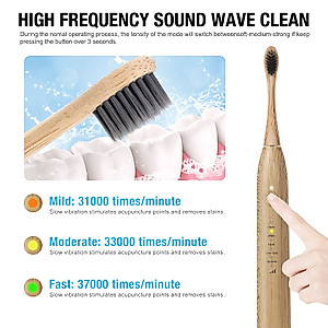 Electric Bamboo Toothbrush, Sonic Toothbrush IPX8 Waterproof, 2 Minute Timer, 3 Rechargeable and Replaceable Bamboo Toothbrush Head