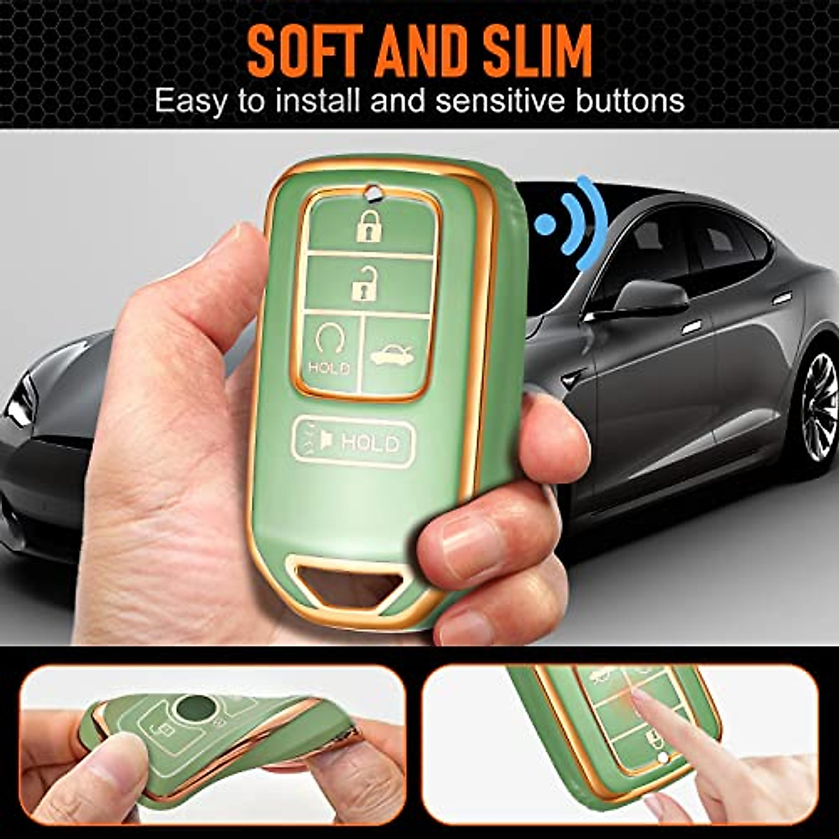 Toykee Key Fob Cover Keychain Accessories for Honda for Accord Civic CR-V CRV Pilot Passport HRV EX EX-L Touring Odyssey 5 Buttons, TPU Case+D-Ring+Hook(Green)