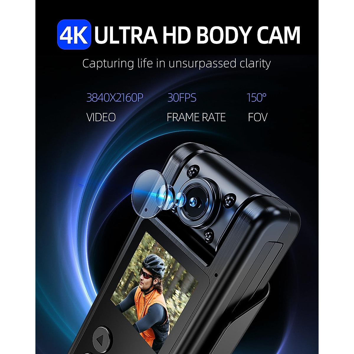 VIDCASTIVE 4K WiFi Body Camera Built-in 64G Record Video Audio, Police Body Worn Cam with 180° Rotatable Lens, Night Vision, 2000mAh Battery for Daily Records, Delivery/Serving Jobs