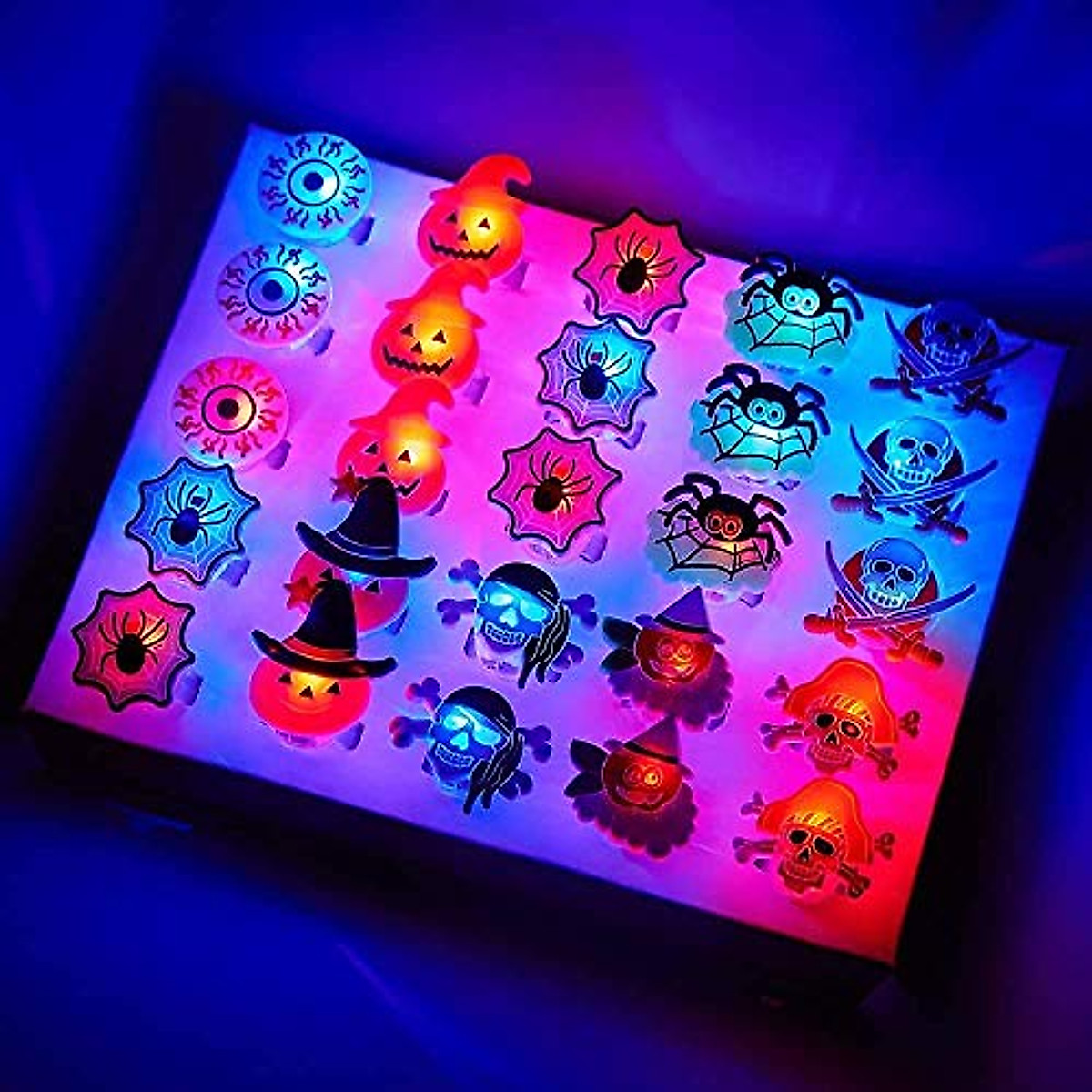 50 Pack Halloween LED Glow Ring for Kids, The Dark Birthday Party Supplies Prizes Classroom LED Halloween Christmas Light up Toys Flash Finger Rubber Rings 10 Shape Ghost Pumpkin Skeleton Spider Bat