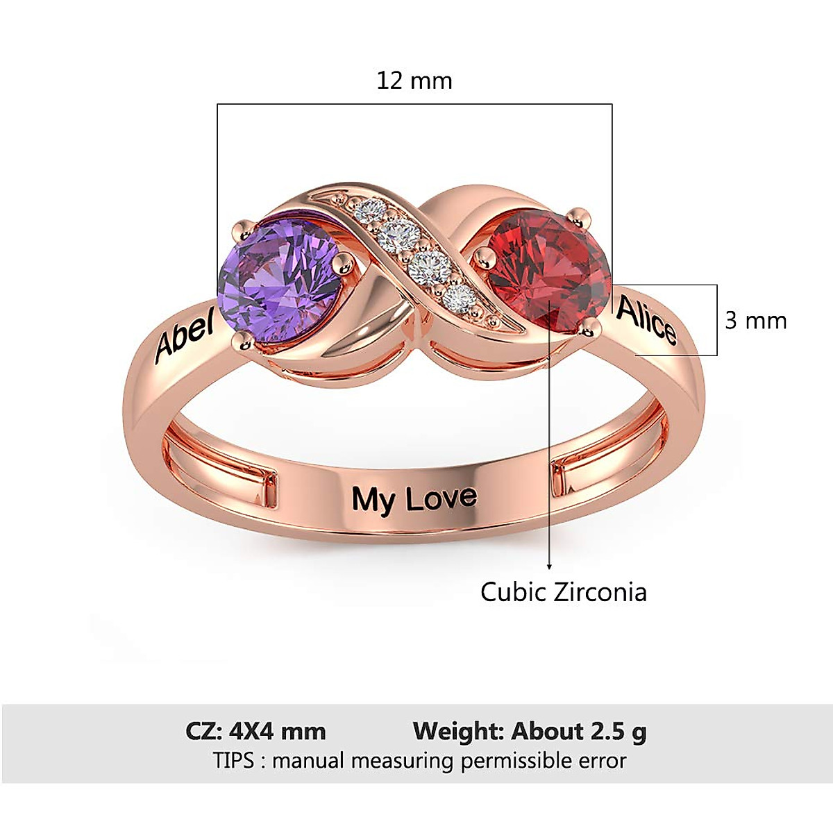 Personalized Infinity Mothers Ring with 2 Round Simulated Birthstones Custom Engraved Engagement Promise Rings for Women (rose gold, 8)