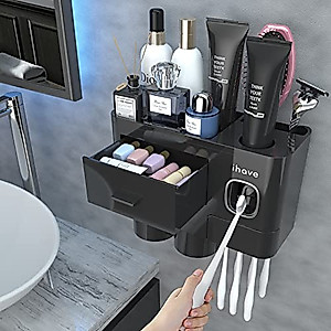 iHave Toothbrush Holder for Bathroom Storage, 2 Cups Toothbrush Holder Wall Mounted with Toothpaste Dispenser Bathroom Set, Large Capacity Tooth Brushing Holder Bathroom Organization and Storage